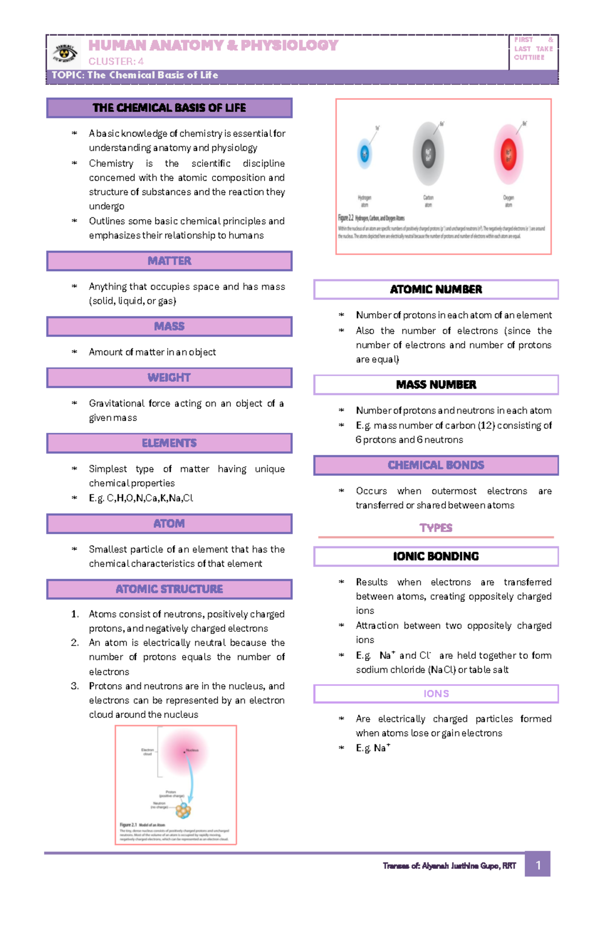 HUMAN ANATOMY PHYSIOLOGY RRT 4: The Chemical Basis of Life Overview ...