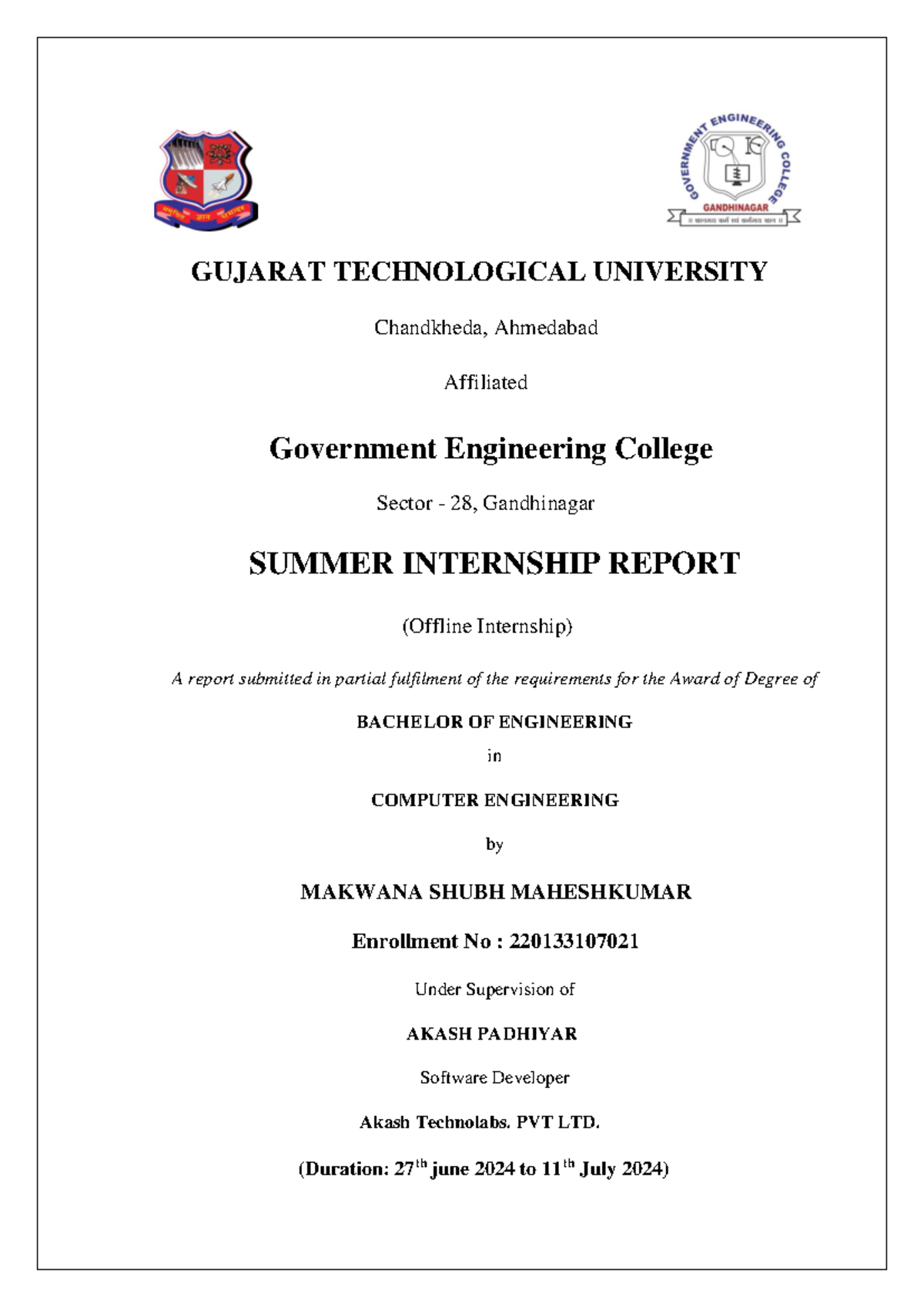 15-Day Summer Internship Report in Computer Engineering - GTU - Studocu
