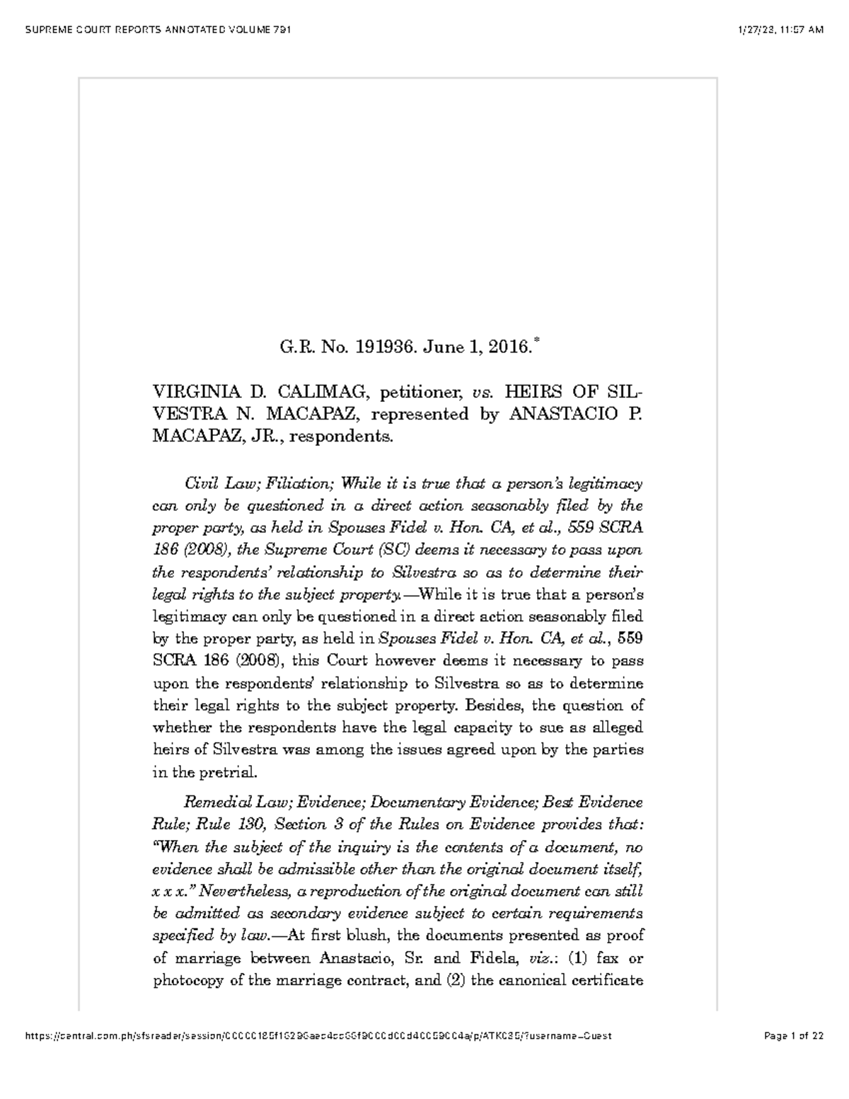 Calimag v. Macapaz - Legal Capacity in Inheritance Dispute - Studocu