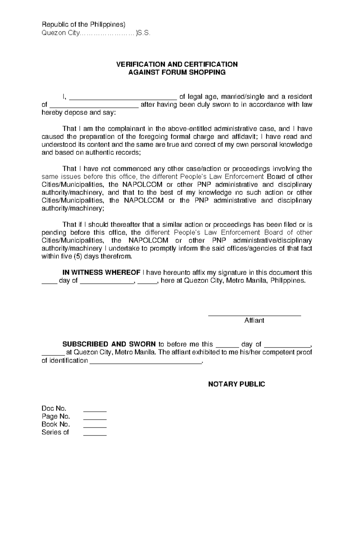 Verification & Certification Against Forum Shopping Template - Studocu