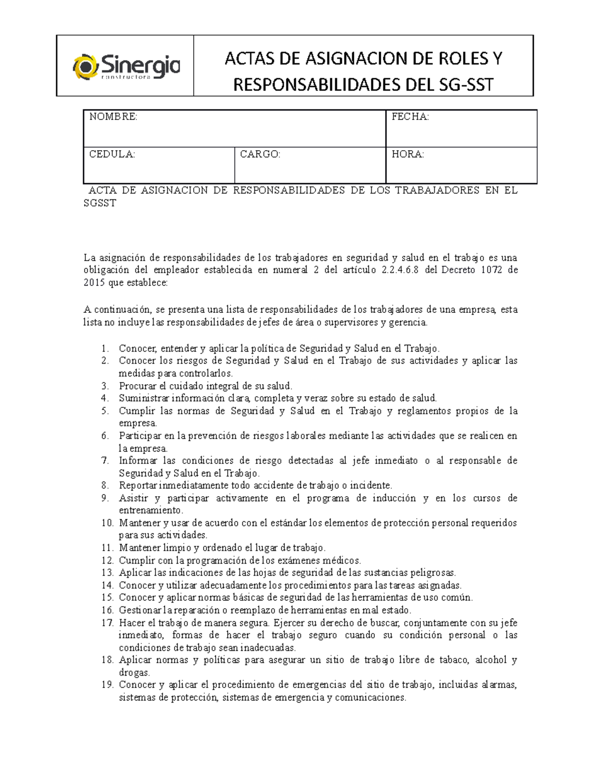 ACTA DE ASIGNACION DE RESPONSABILIDADES SGSST: ROLES CLAVE Y ...