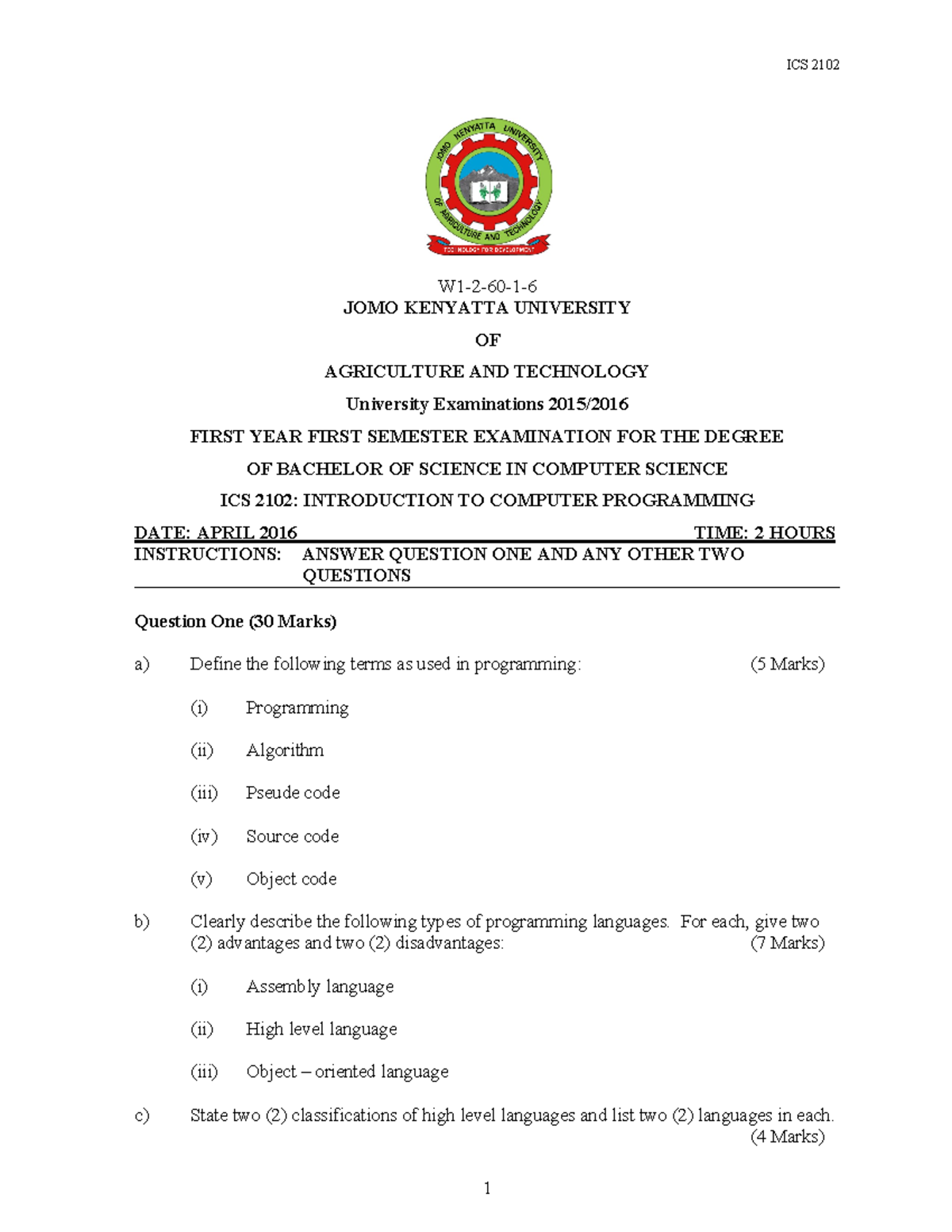 ICS 2102 Final Exam Notes: Introduction to Computer Programming - Studocu