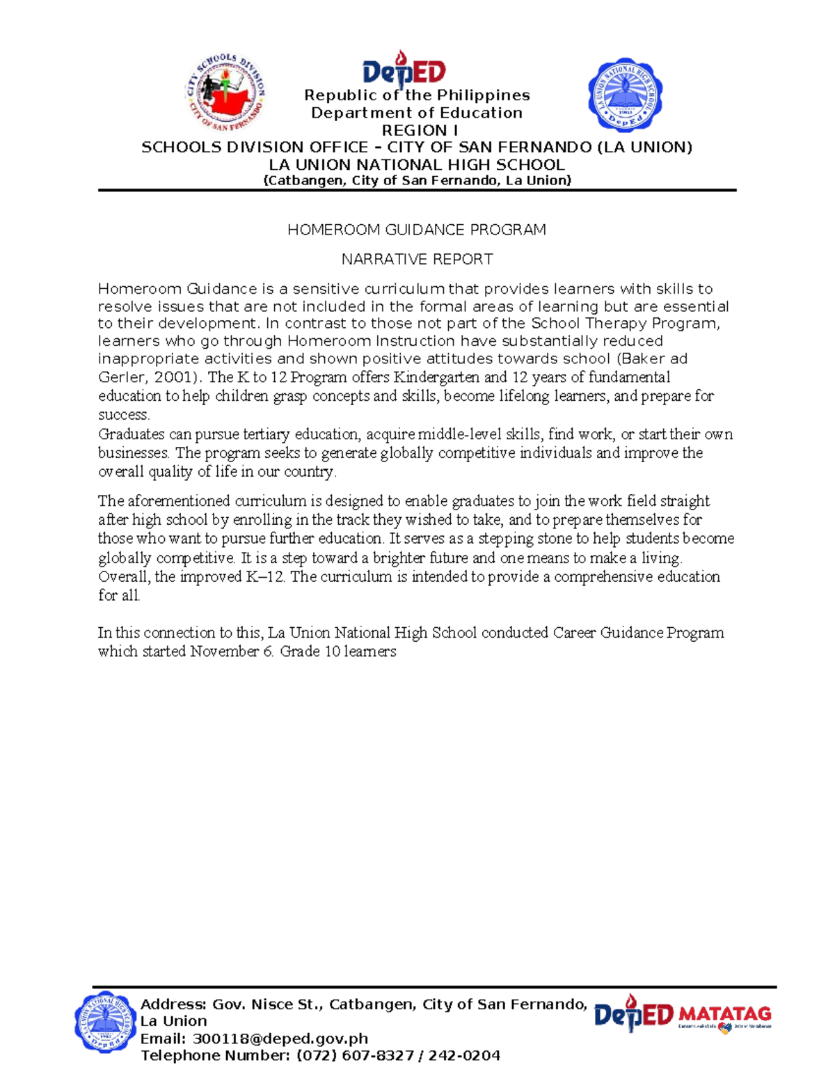 HGP 10 Narrative Report on Career Guidance Program Implementation - Studocu