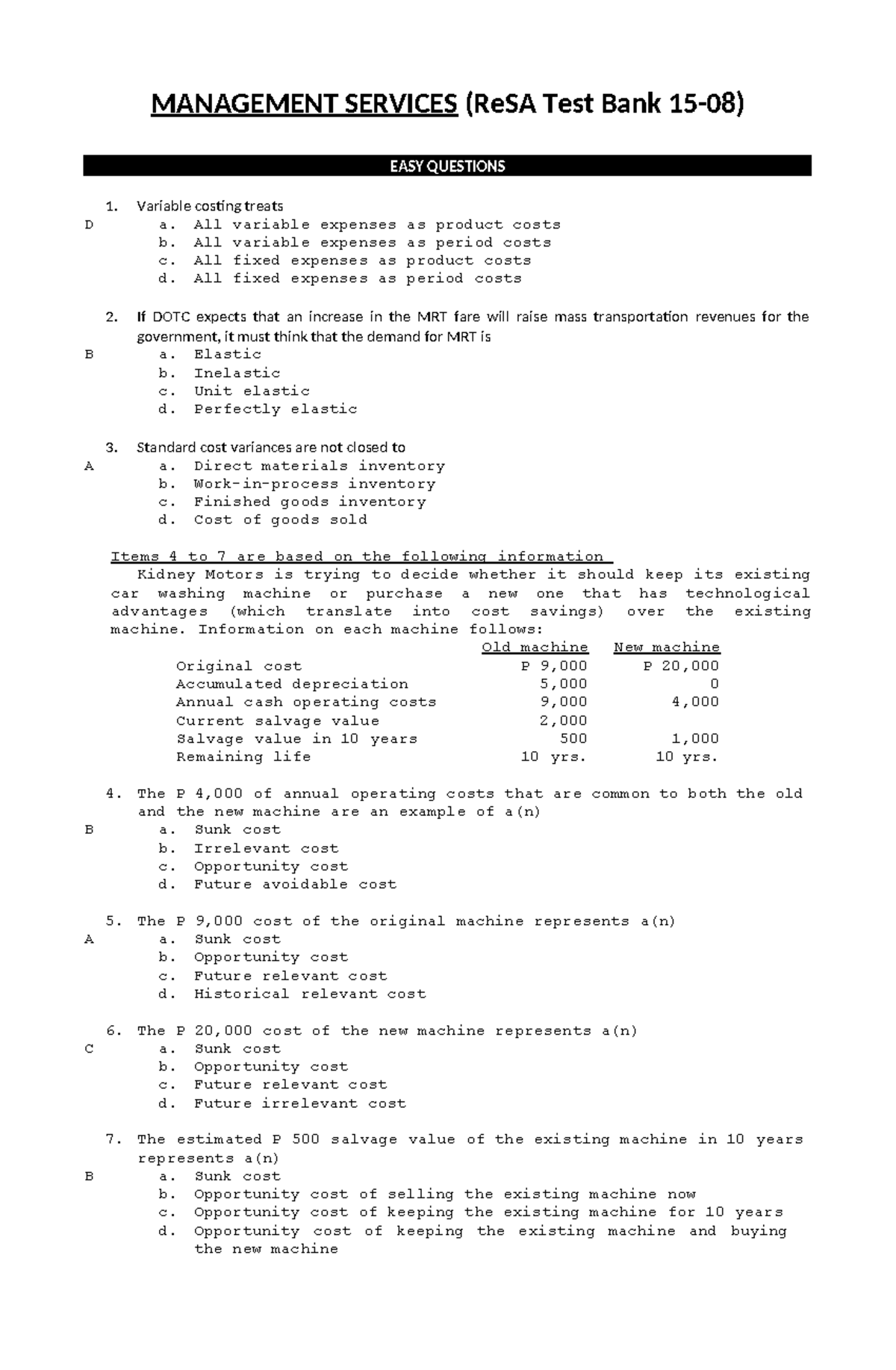 ReSA Test Bank 15-08: Management Services Answer Key - Studocu