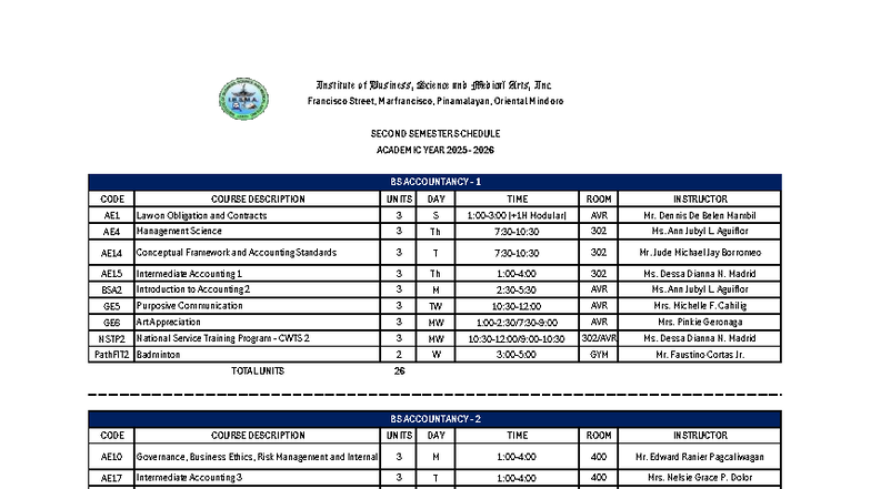 BS Accountancy Second Semester Schedule AY 2025-2026 - Studocu