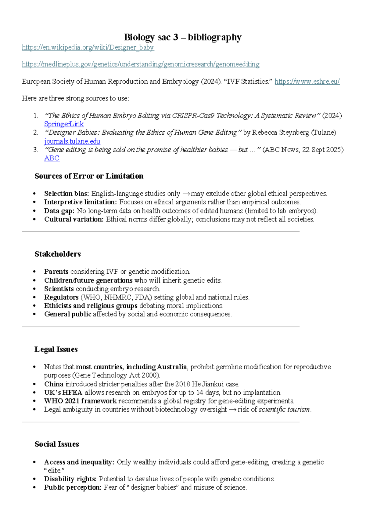 Biology SAC 3 Bibliography: Ethical Perspectives on CRISPR and Embryo ...