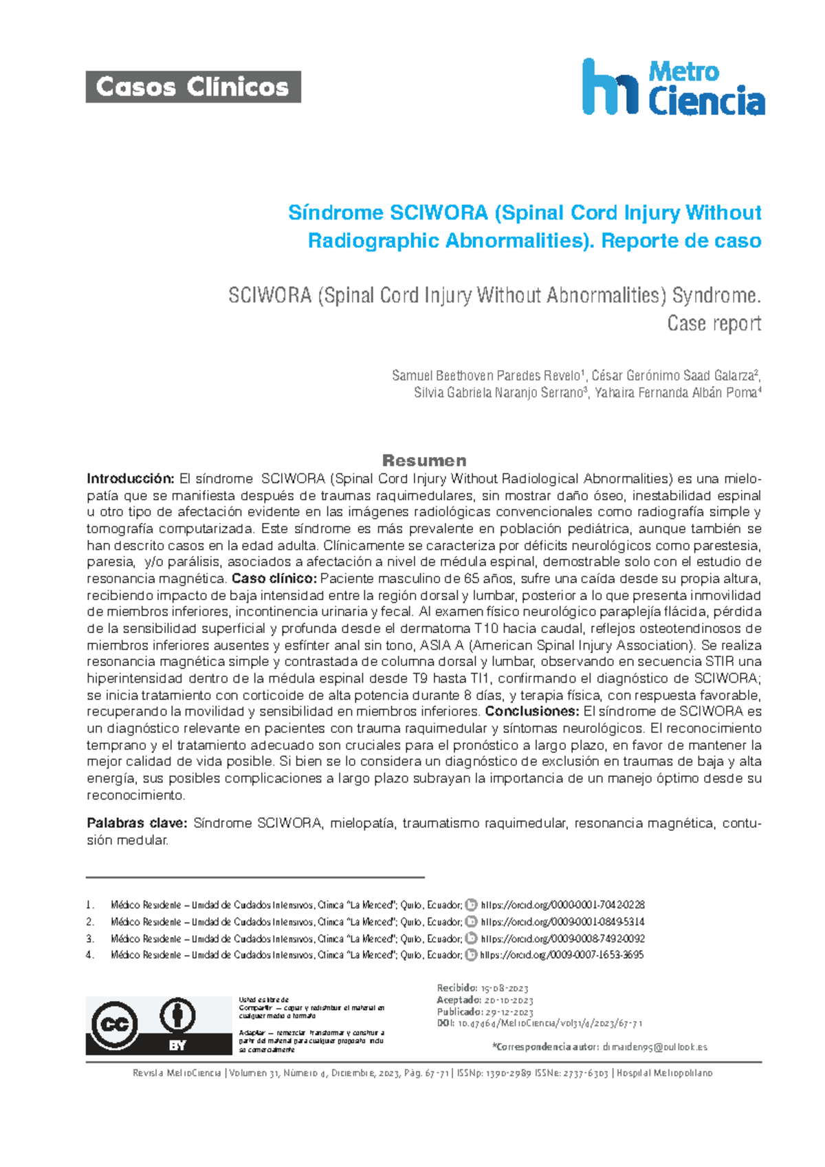 Reporte de Caso: Síndrome SCIWORA (Spinal Cord Injury Without ...