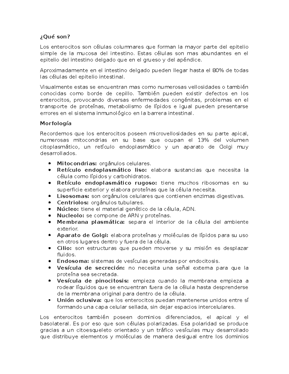 Estudio sobre Enterocitos: Morfología, Funciones y Enfermedades - Studocu