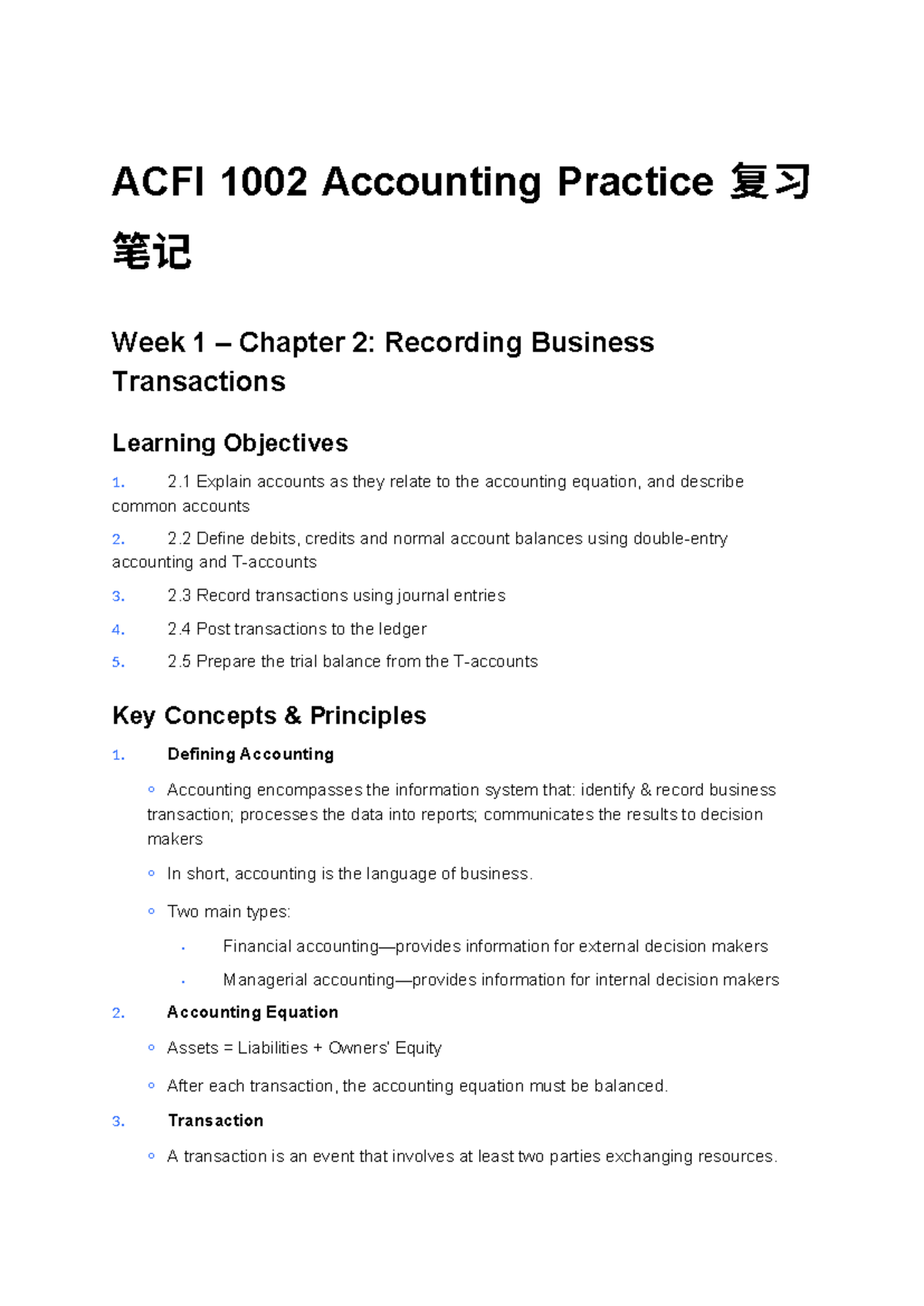 ACFI 1002 Accounting Practice: Week 1-12 Comprehensive Review Notes ...