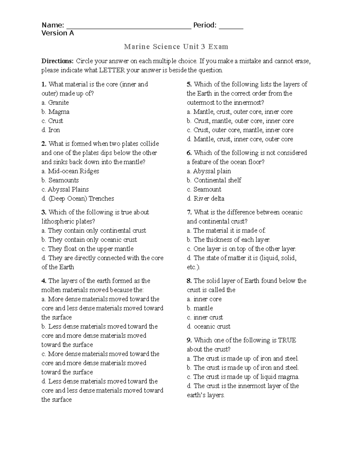 Marine Science Unit 3 Exam: Version A Questions & Answers - Studocu