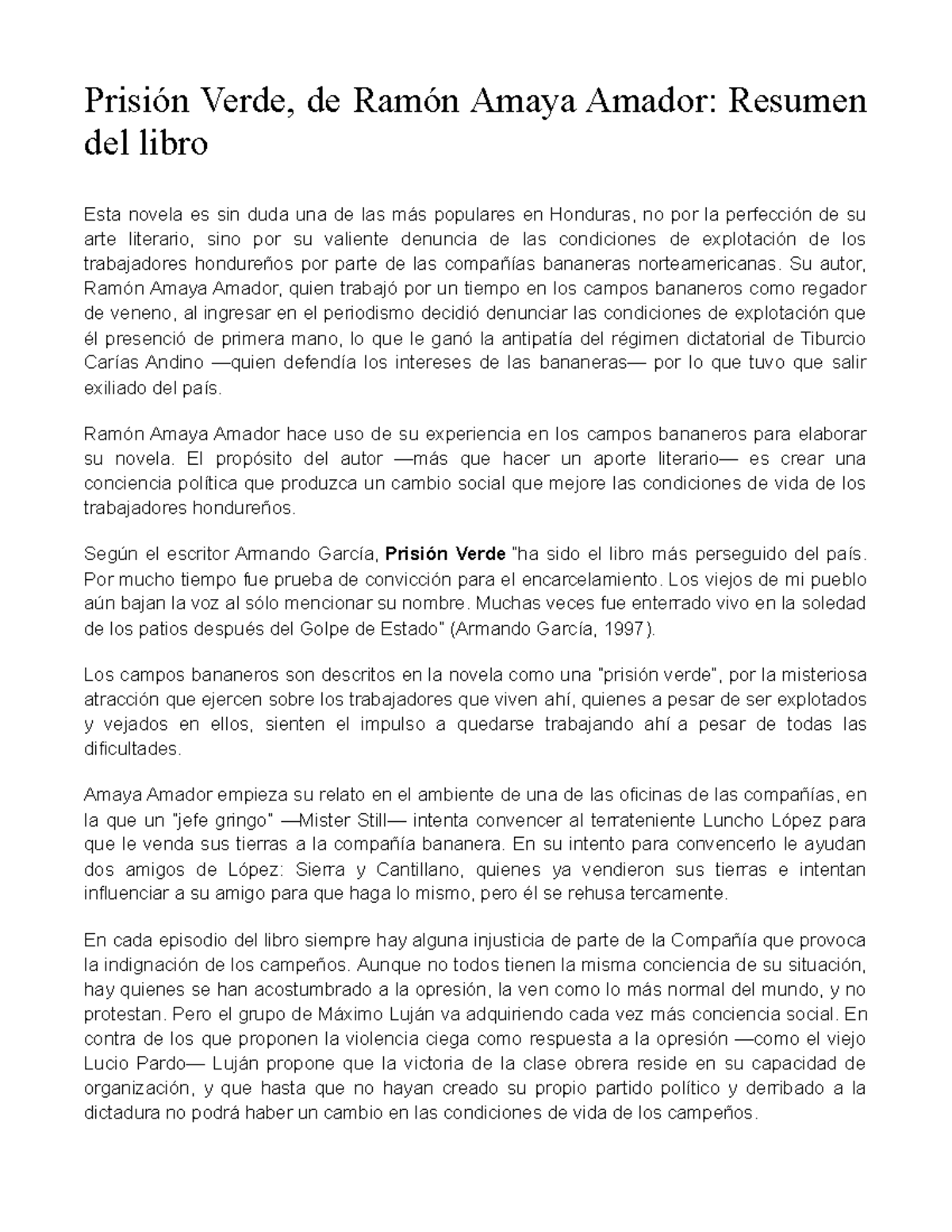 Análisis de "Prisión Verde" de Ramón Amaya Amador: Contexto Social y ...