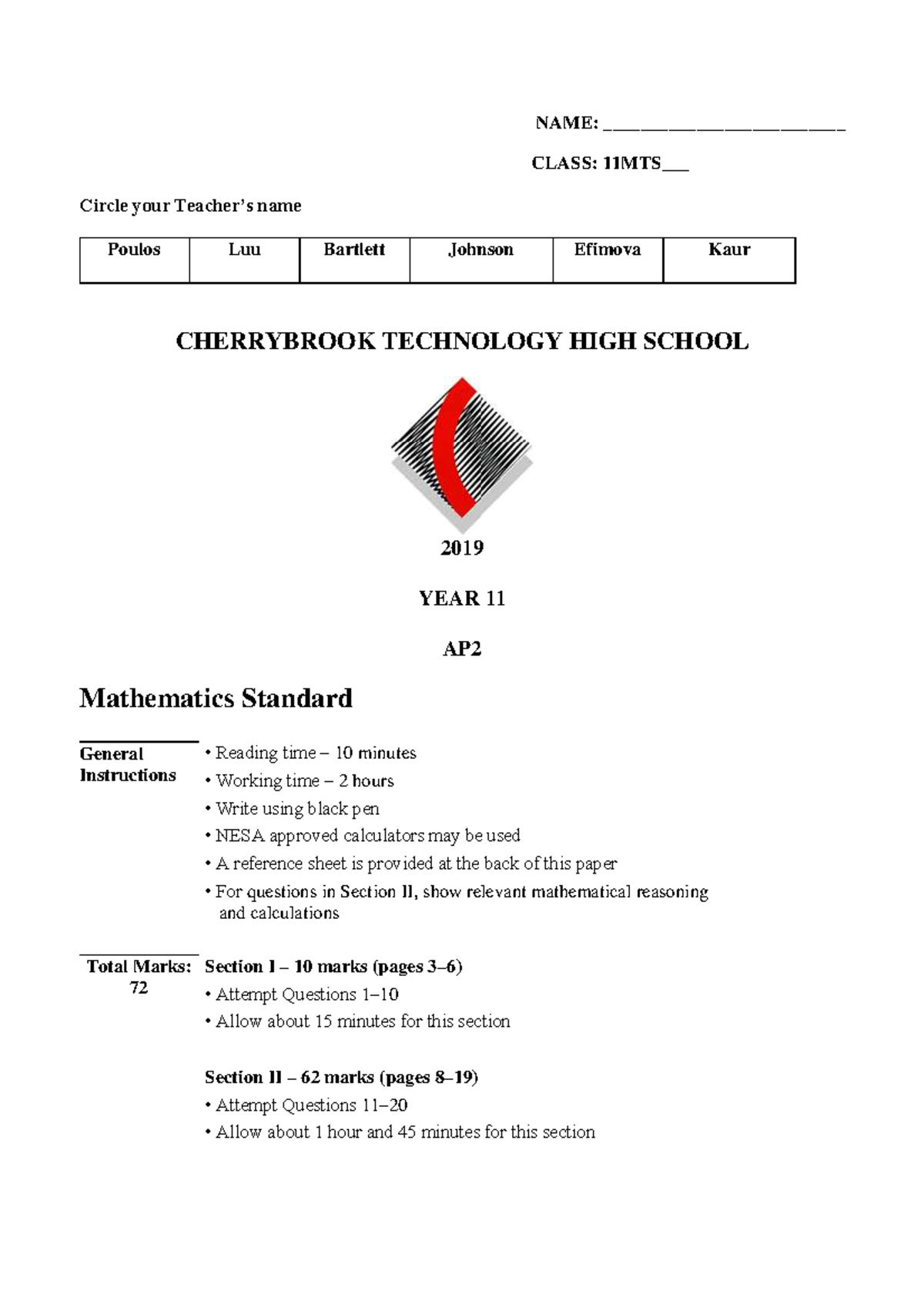 CTHS Year 11 Mathematics Standard AP2 2019 Exam & Solutions - Studocu