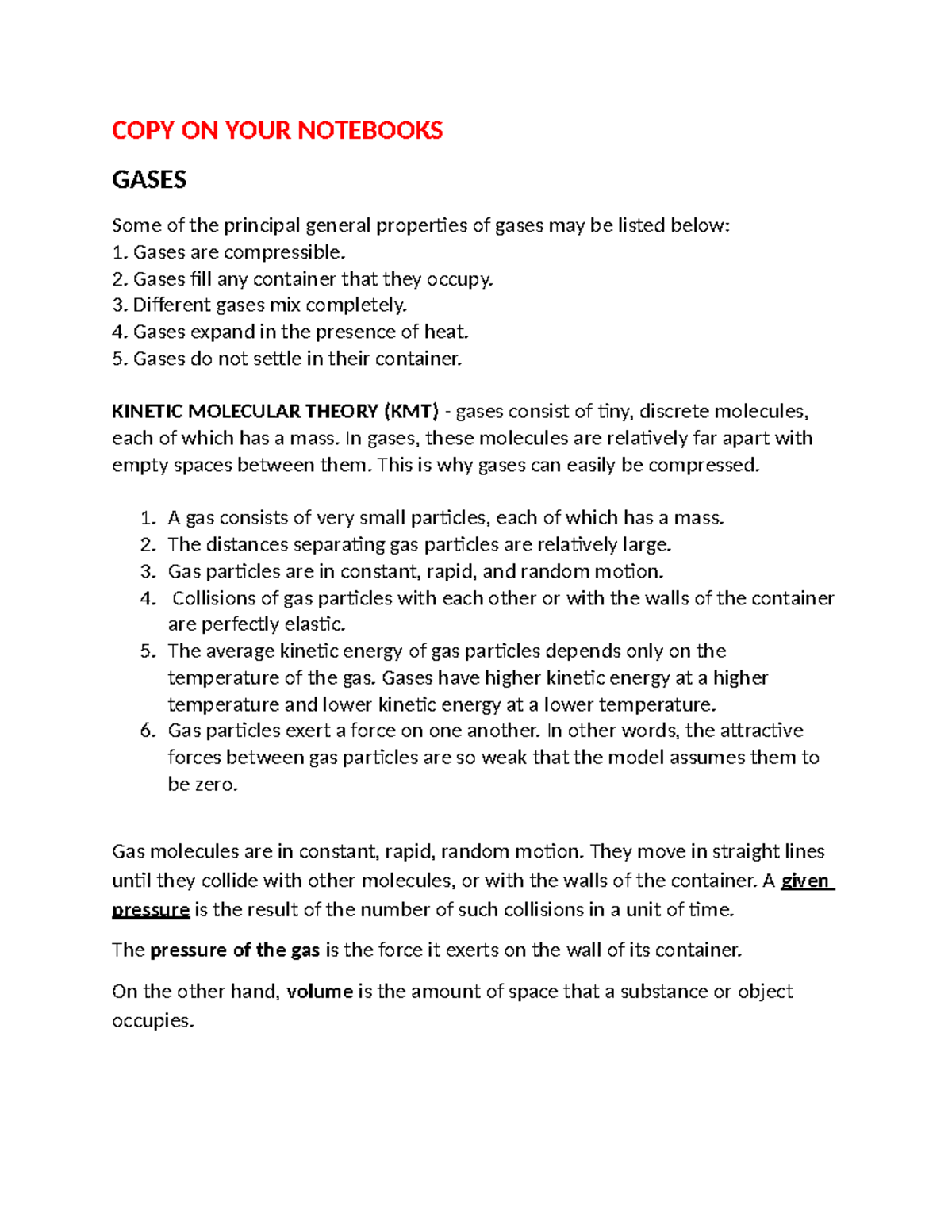 Gases and Their Laws: Properties and Kinetic Theory Notes - Studocu