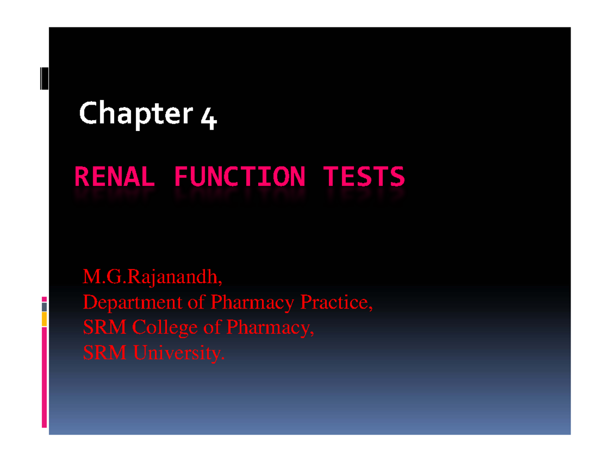 Chapter 4: Renal Function Tests - Biochemistry (PHR 101) - Studocu