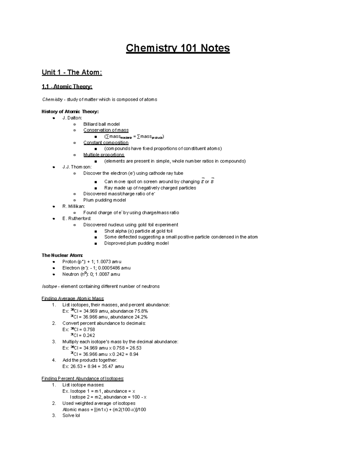 CHEM 101 Final Exam Notes: Understanding Atomic Theory and Structure ...