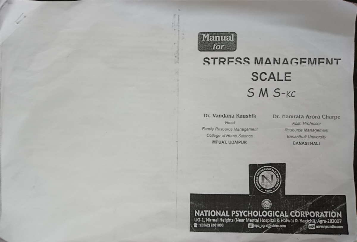 Stress Management Scale Manual: A Guide by Dr. Vandana Kaushik - Studocu