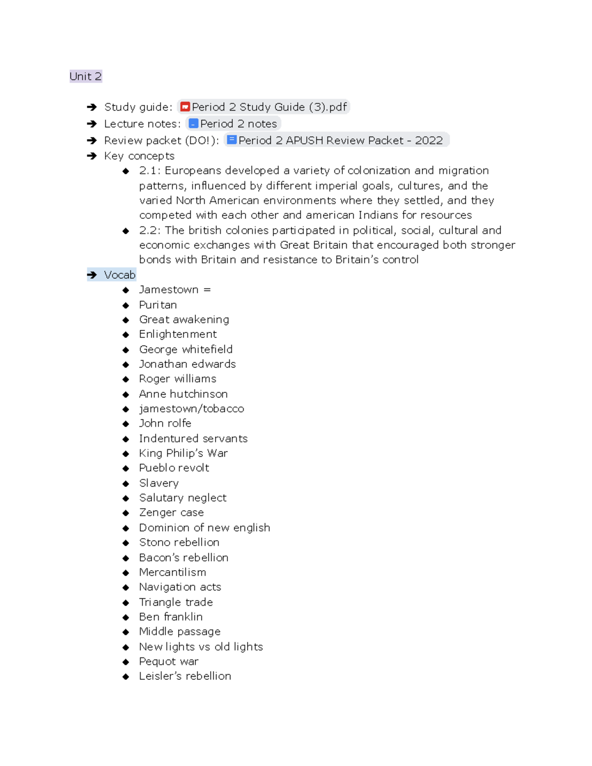 Apush vocab unit2 - Unit 2 Study guide: Period 2 Study Guide (3).pdf ...