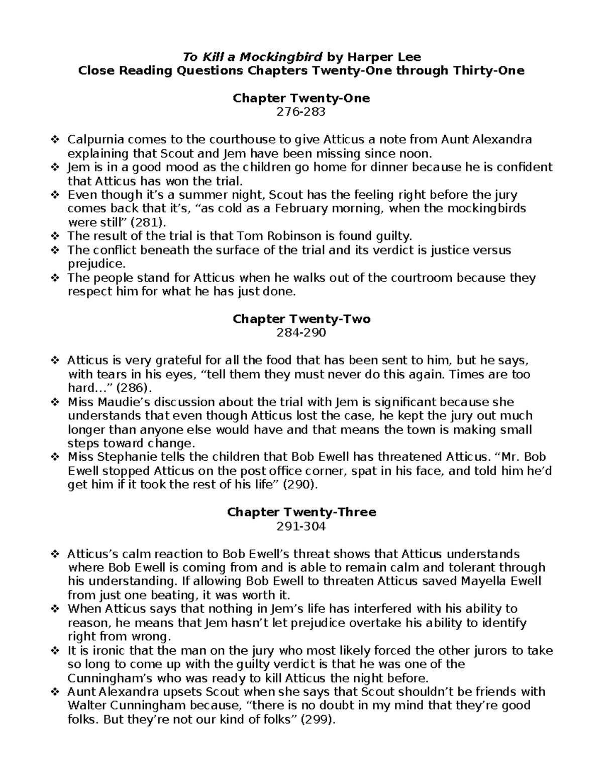 Ch. 21-31 Key Close Reading Questions for To Kill a Mockingbird - Studocu