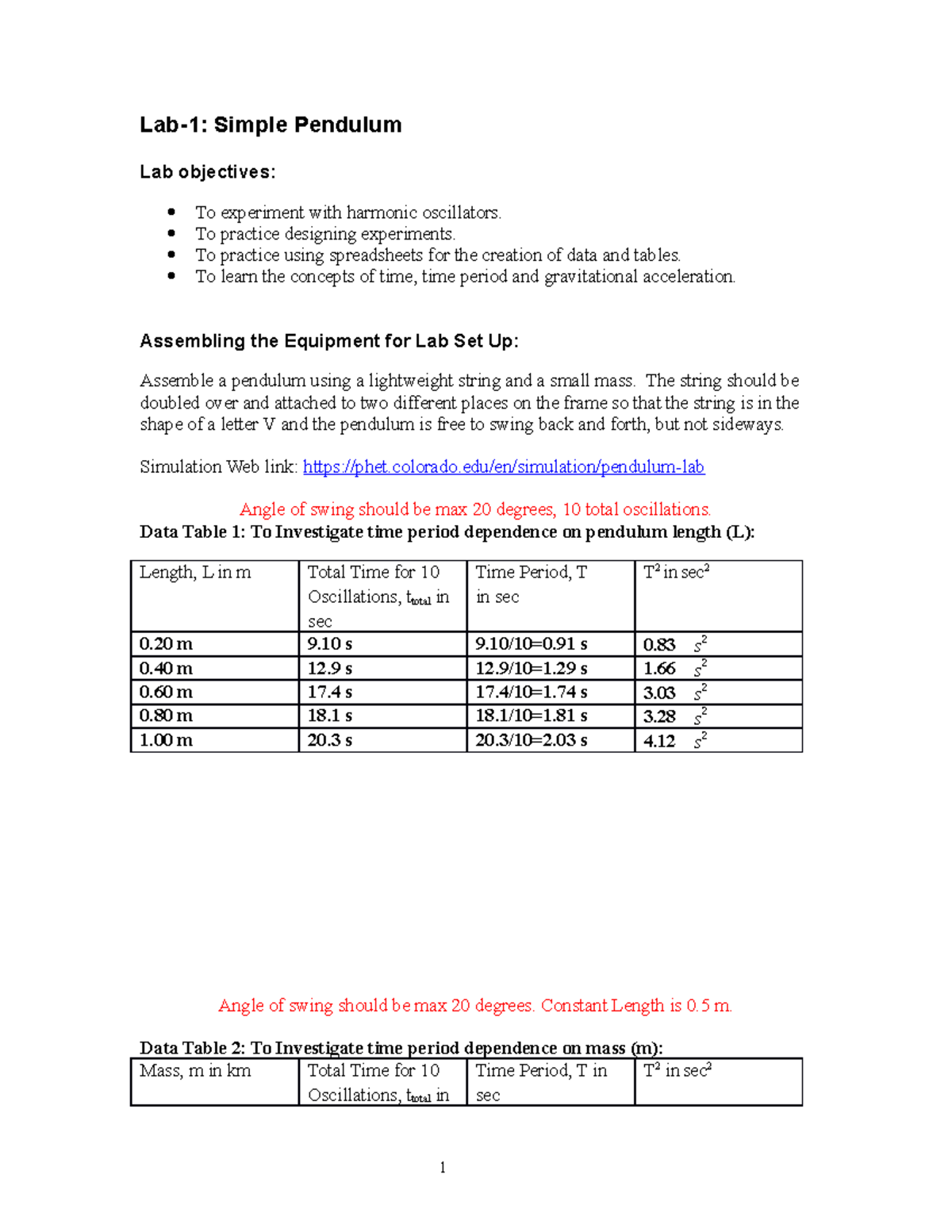 Lab-1 Simple Pendulum - Lab-1: Simple Pendulum Lab objectives: To experiment with harmonic - Studocu