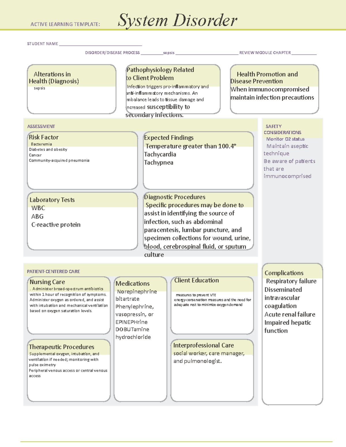 Sepsis - Active Learning Template for System Disorder Module - Studocu