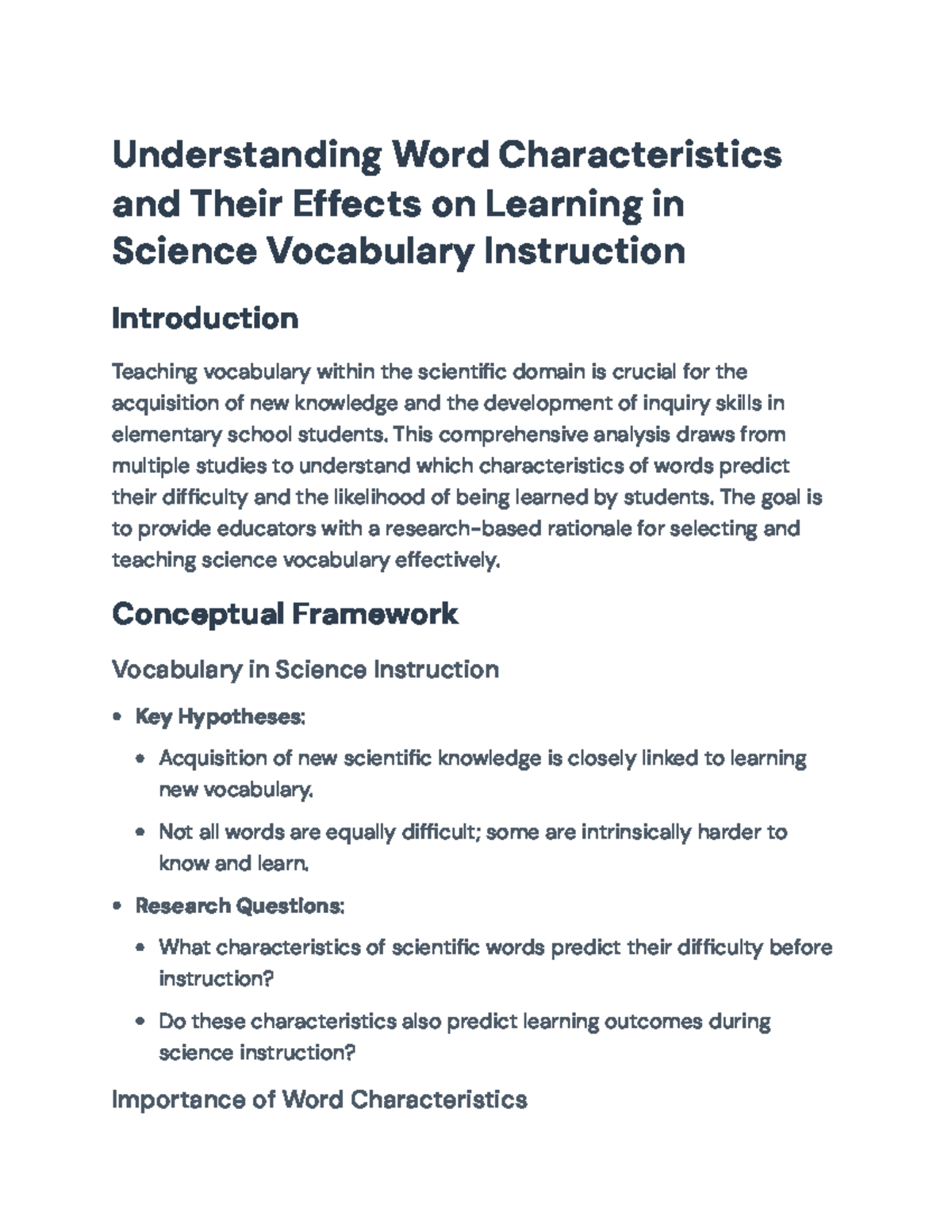 Enhancing Science Vocabulary: Word Characteristics & Instruction ...