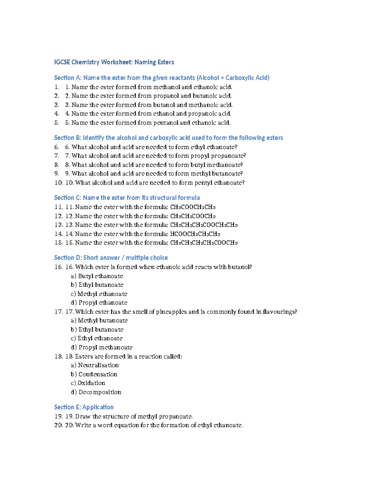 IGCSE Chemistry Worksheet: Naming Esters and Reactions - Studocu