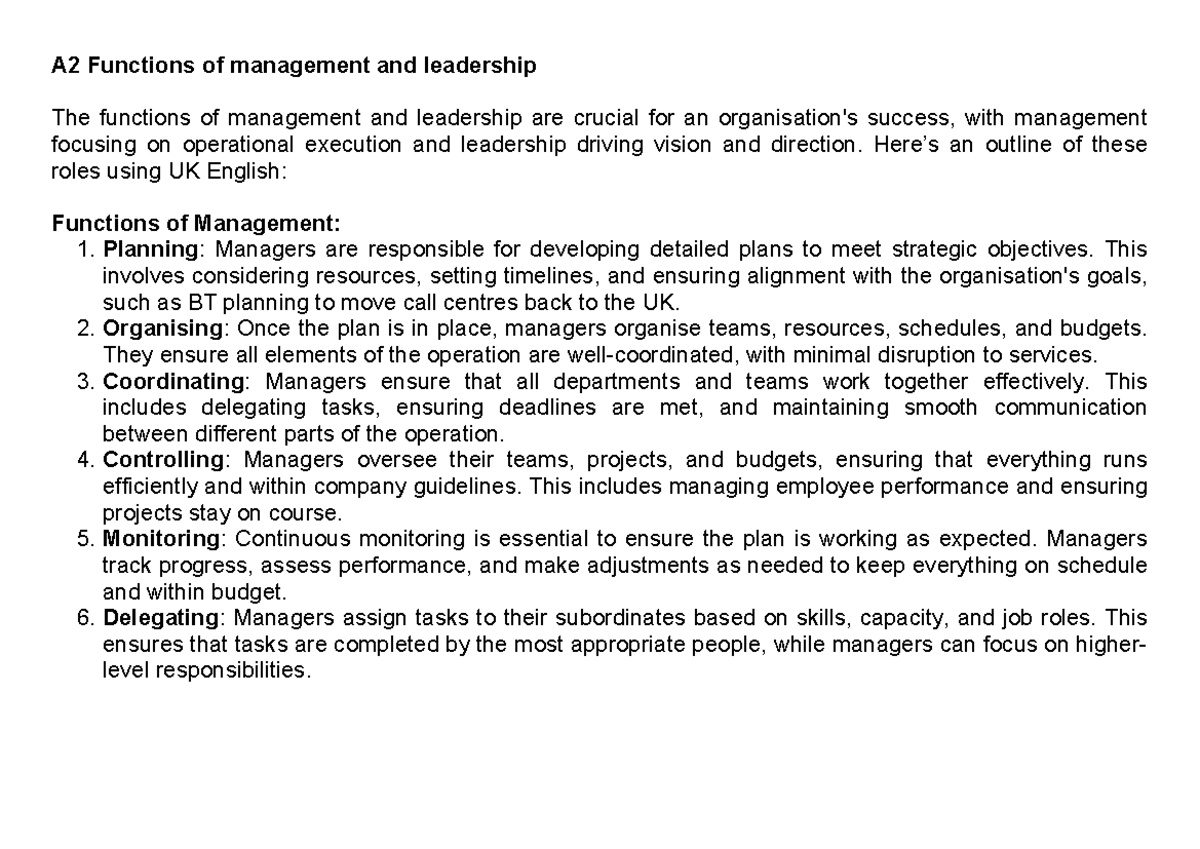 A2 Functions of Management and Leadership: Key Roles Explained - Studocu