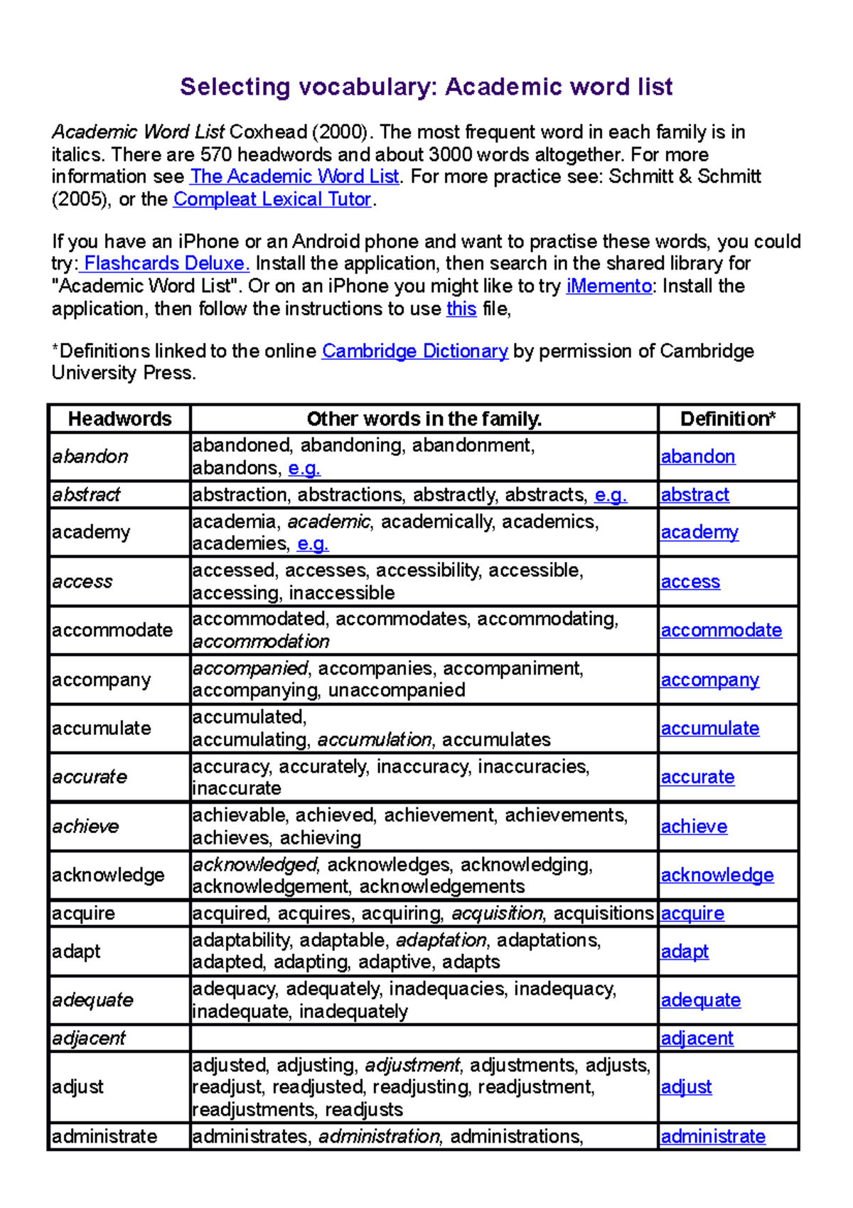 Academic Vocabulary List for C1 C2 Exam Preparation - Studocu