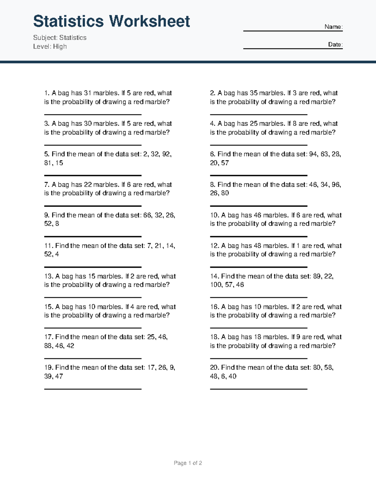 Statistics Worksheet 8: Probability & Mean Calculations - Studocu