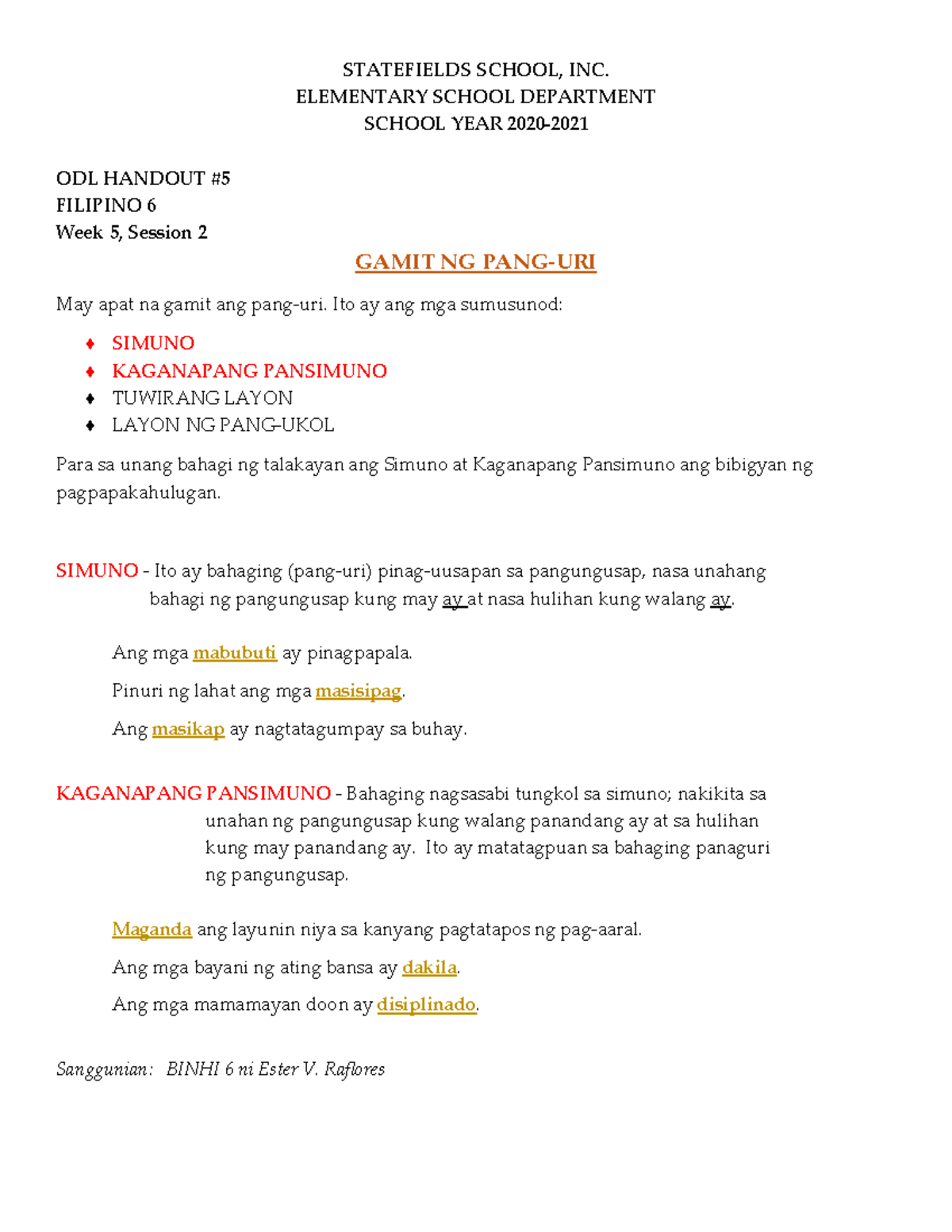 Handout - Gamit NG PANG-URI (PART1) - STATEFIELDS SCHOOL, INC ...
