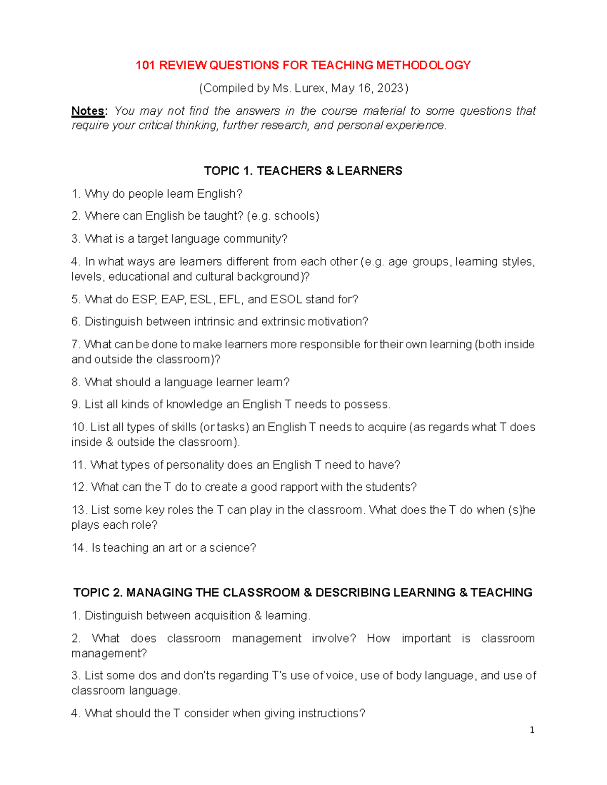 101 Review Questions for TM: Exploring Teaching Methodology Insights ...