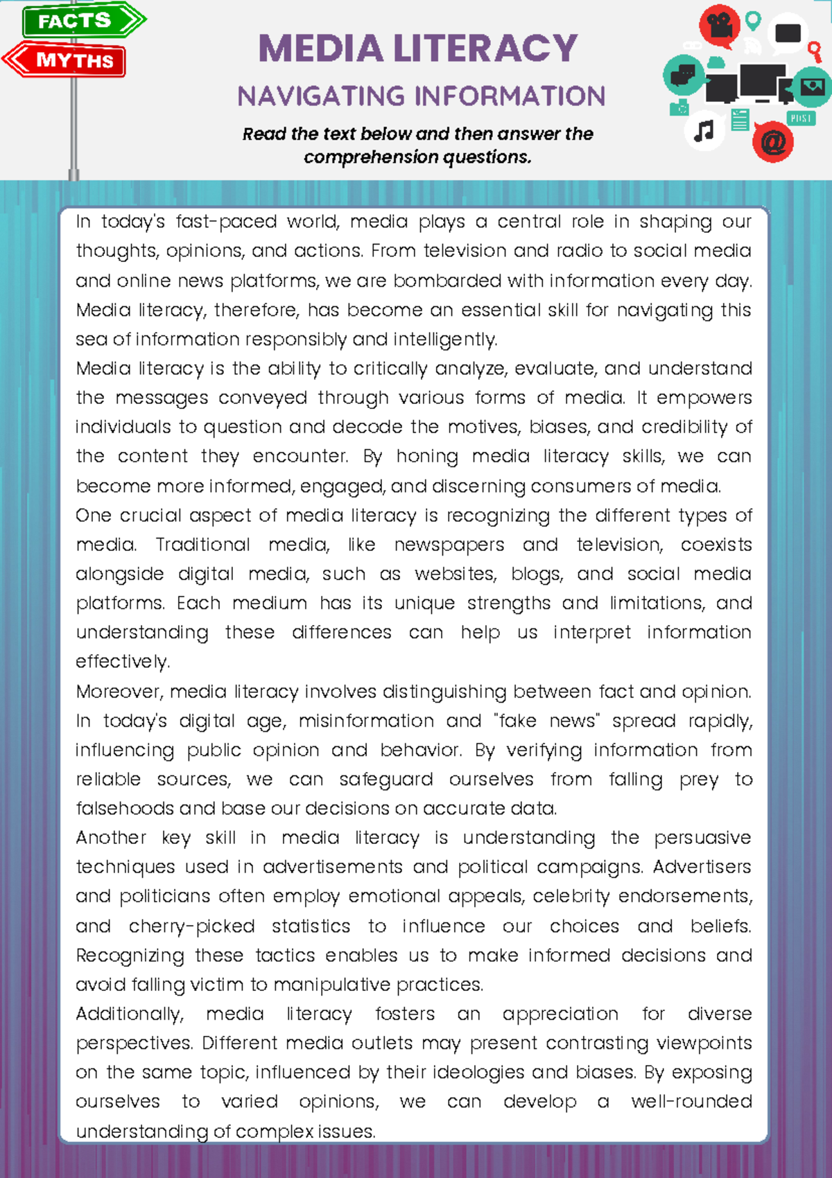 Digital Media Literacy Reading Comprehension Worksheet-1 Guide - Studocu