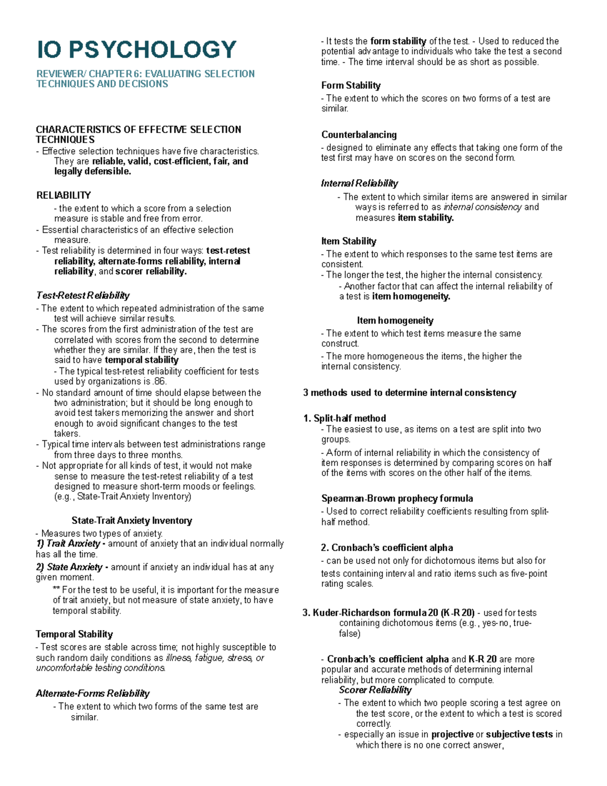 IO reviewer chp6 Psychology - IO PSYCHOLOGY REVIEWER/ CHAPTER 6: EVALUATING SELECTION TECHNIQUES ...