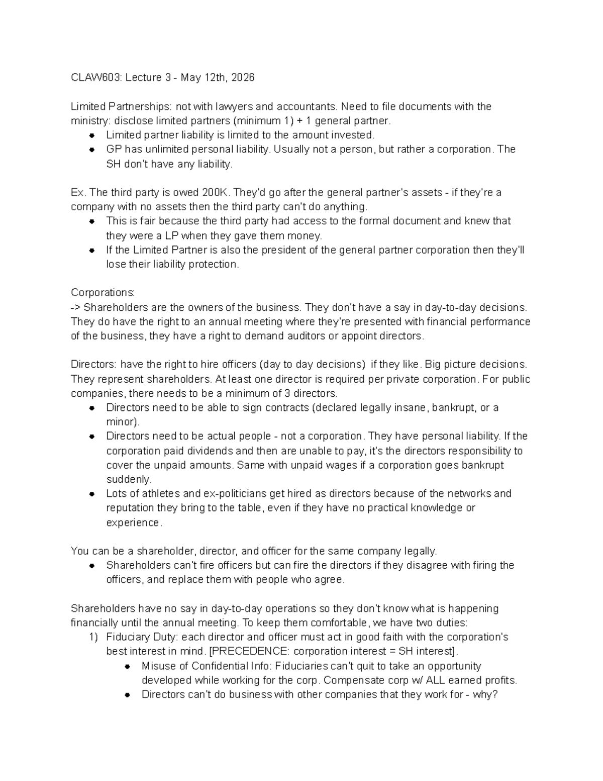 CLAW603: Lecture 3 - Limited Partnerships & Corporate Governance ...