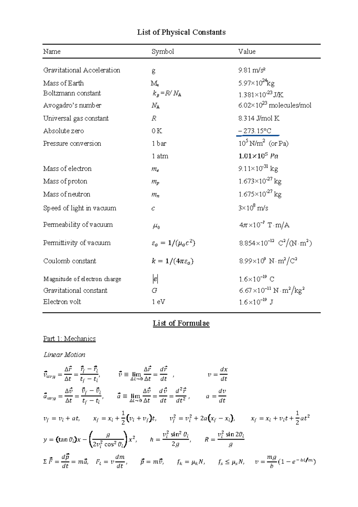 Physical Constants and Formulae List for Physics 101 - Studocu