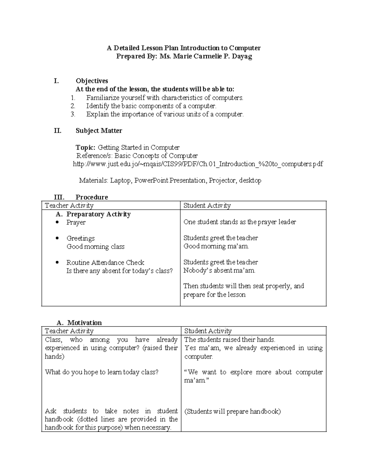 Detailed Lesson Plan: Introduction to Computer (447237770) - Studocu