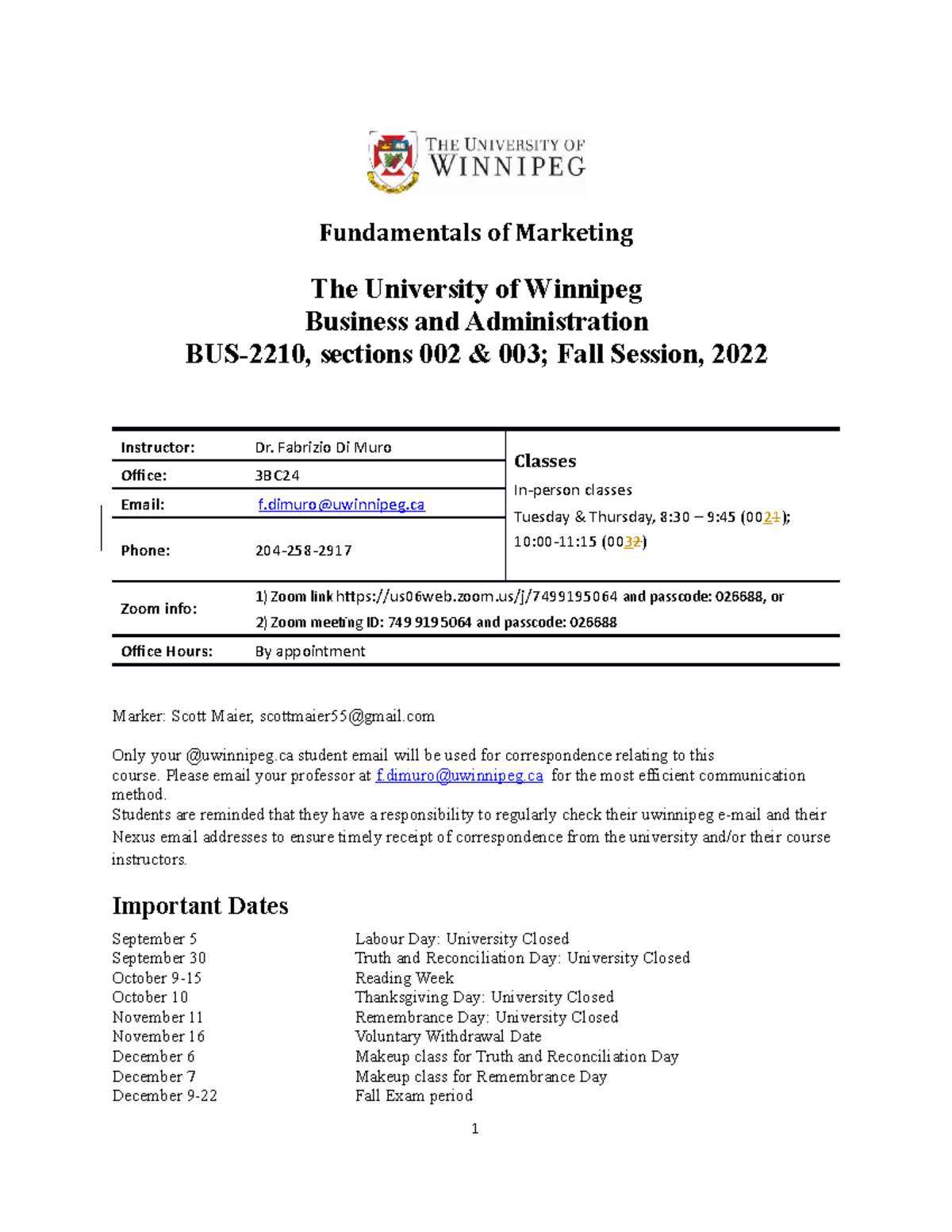 BUS 2210 002 003 F2022 Di Muro - Fundamentals of Marketing The ...