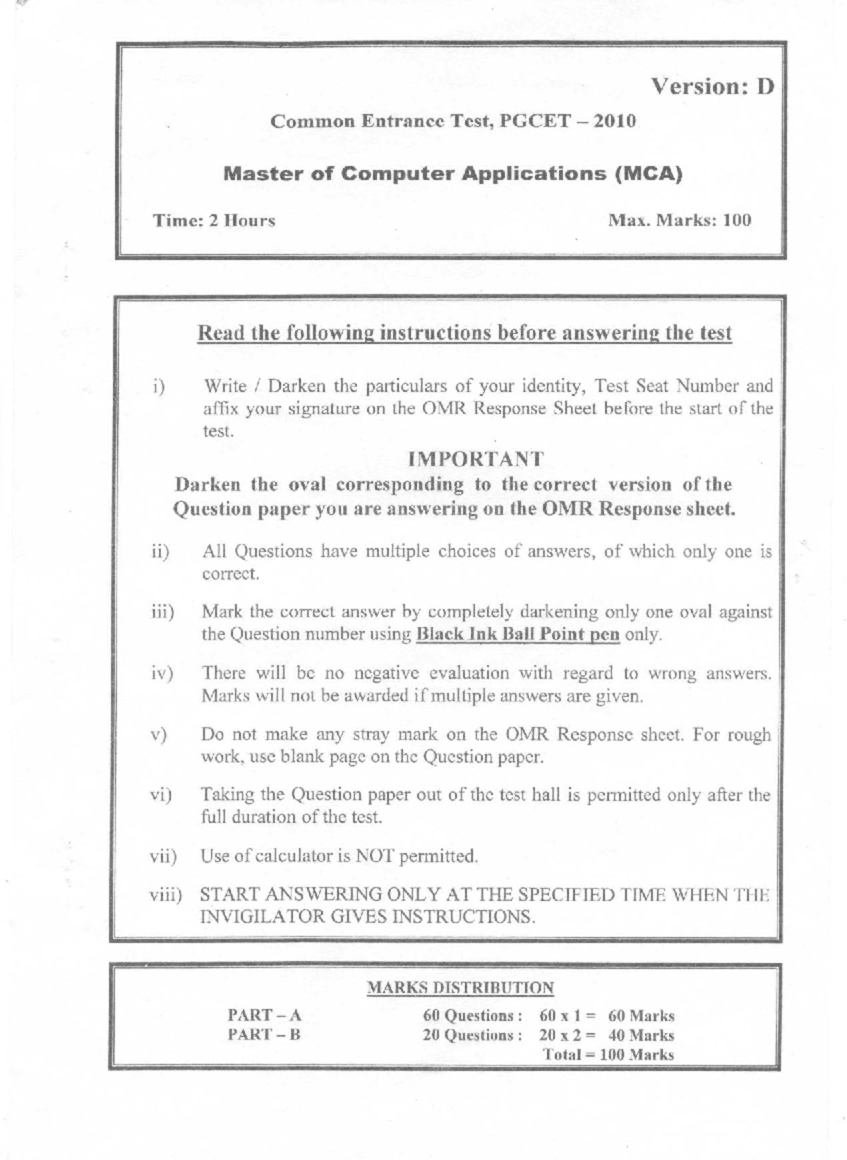 PGCET MCA 2010 Common Entrance Test Question Paper - Studocu
