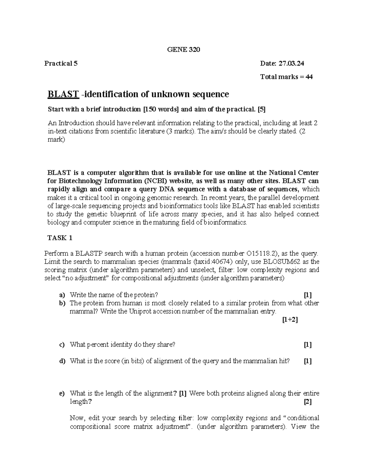 Practical 5 - GENE 320: BLAST Identification of Unknown Sequences - Studocu