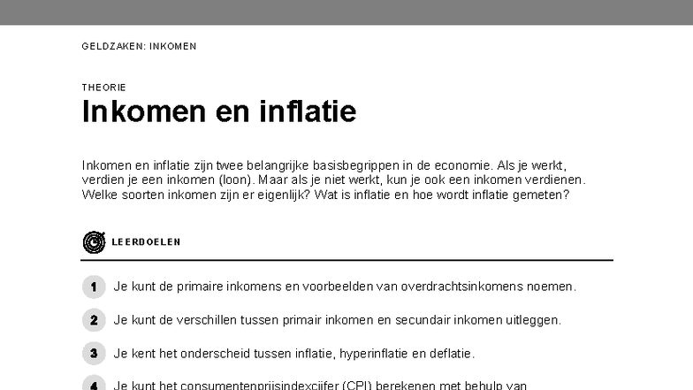 GELDZAKEN: INKOMEN EN INFLATIE THEORIE T10179 - Studeersnel