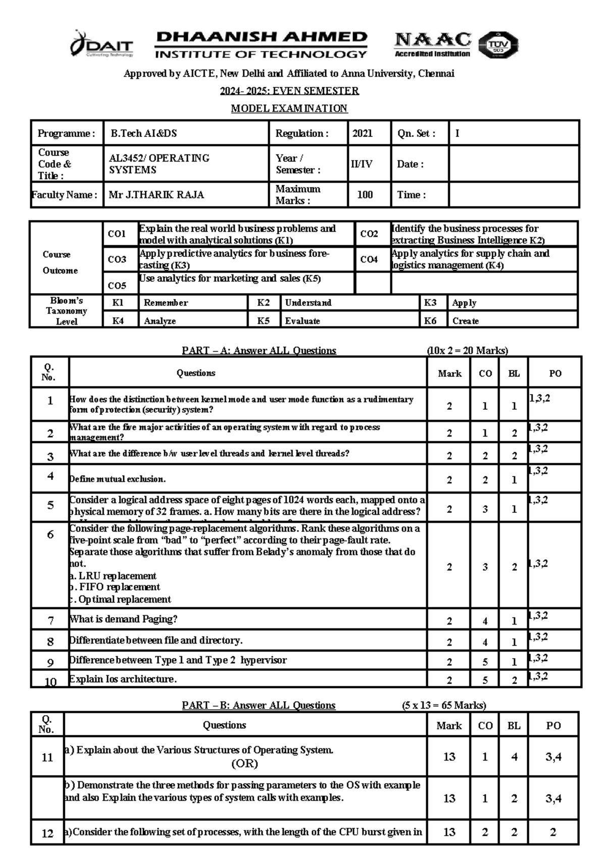 B.Tech 2021: Operating Systems EVEN SEMESTER MODEL EXAM Qn. Set - Studocu