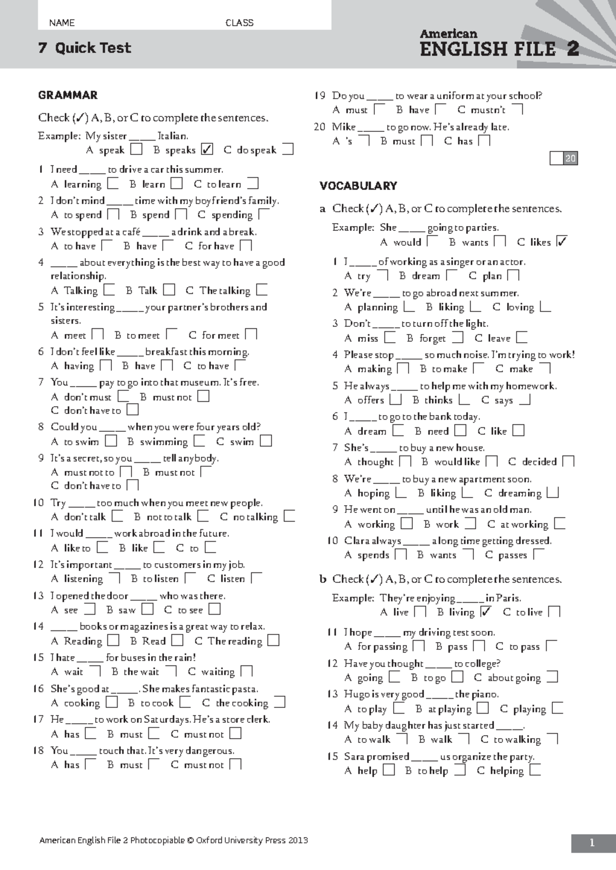 FILE 20220531 2003 43 AEF2 File7 Quick Test - American English File 2 ...