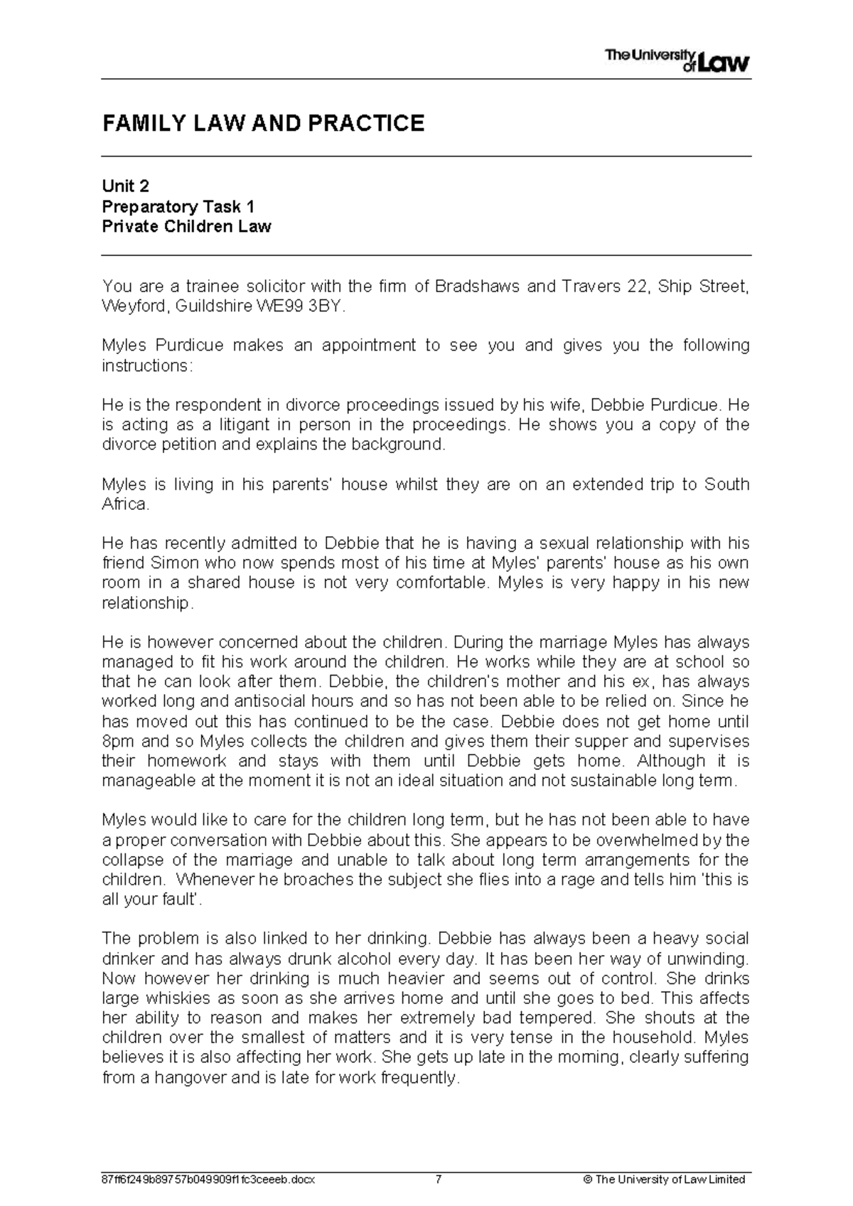 FAMILY LAW AND PRACTICE Unit 2: Private Children Law - Case Study ...