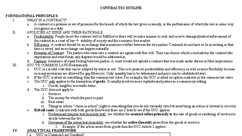 Contracts I Outline: Foundational Principles and Key Concepts - Studocu