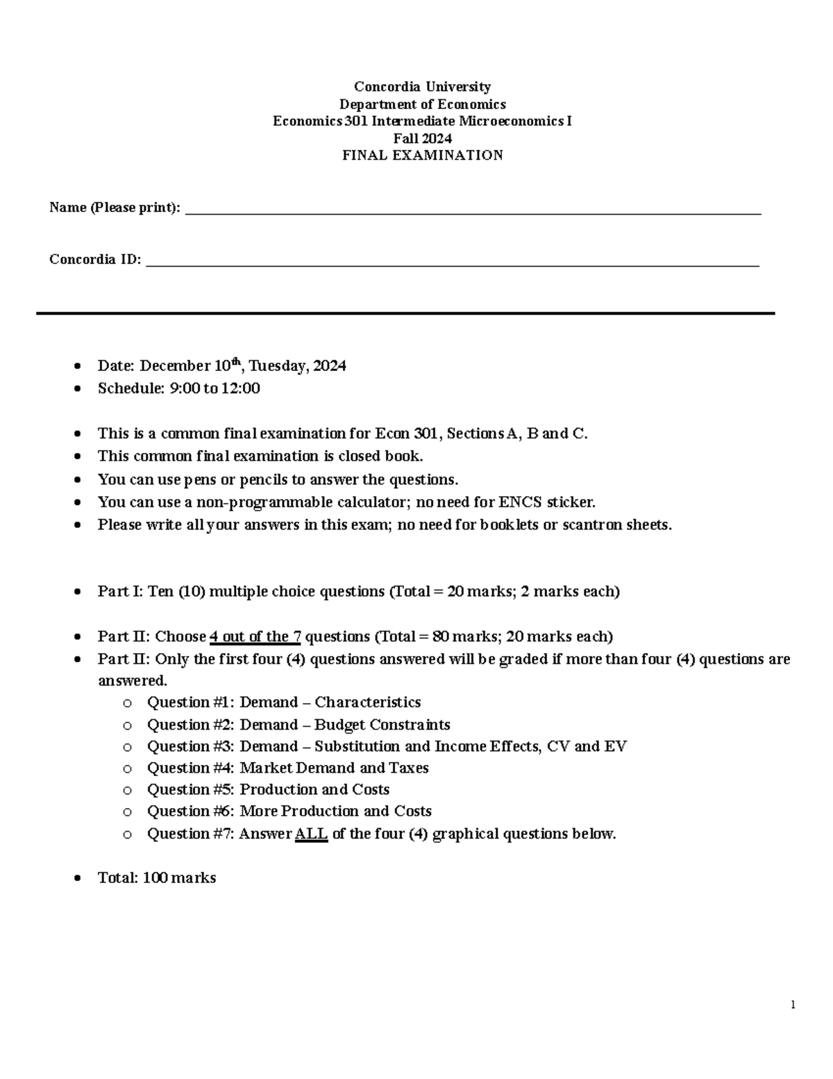 Econ 301 F2024 Intermediate Microeconomics Final Exam Guide - Studocu