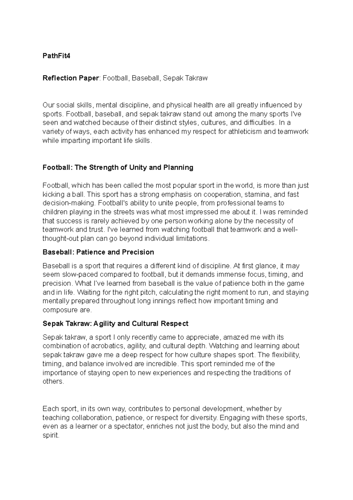 PathFit4 Reflection: Insights from Football, Baseball, and Sepak Takraw ...