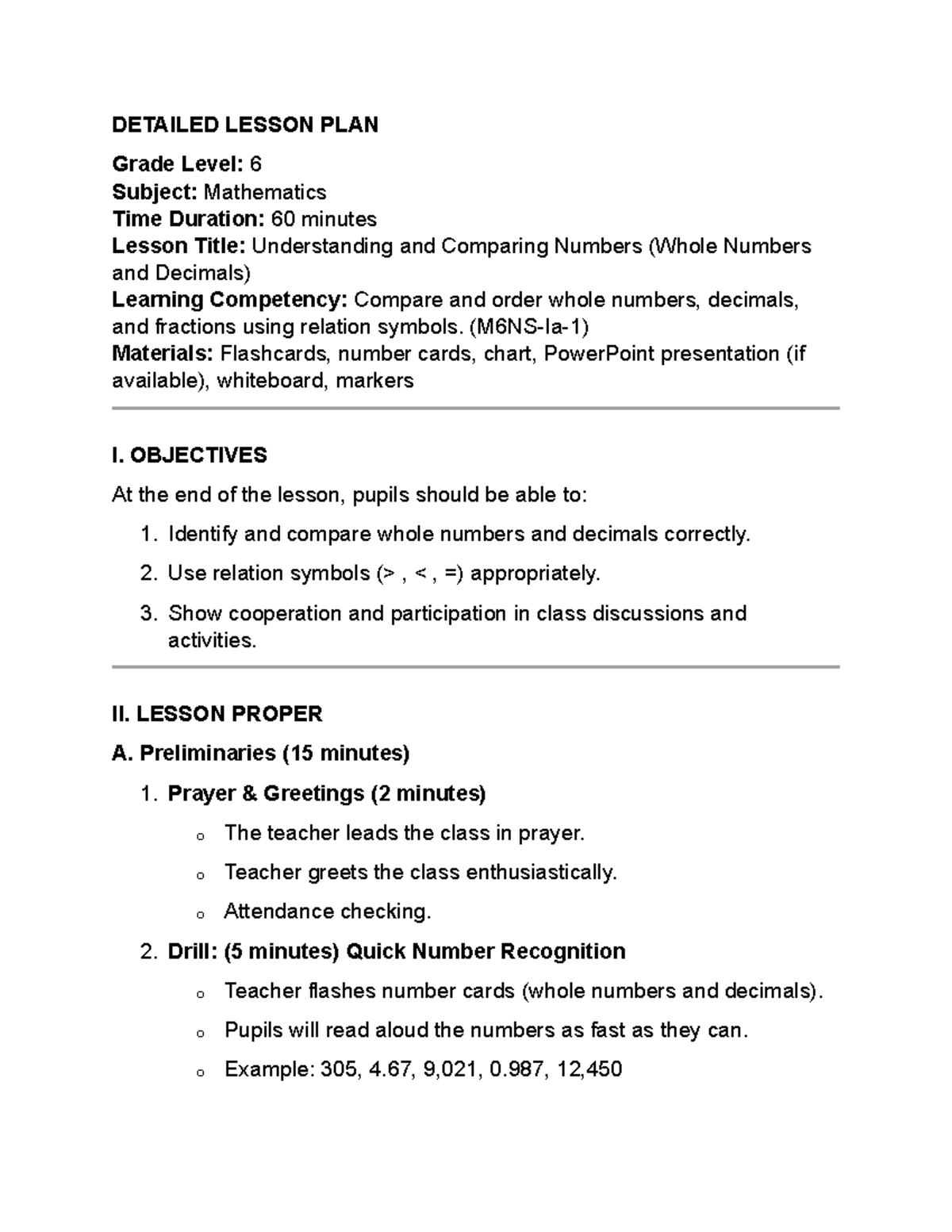 Grade 6 Math Detailed Lesson Plan: Comparing Whole Numbers & Decimals - Studocu