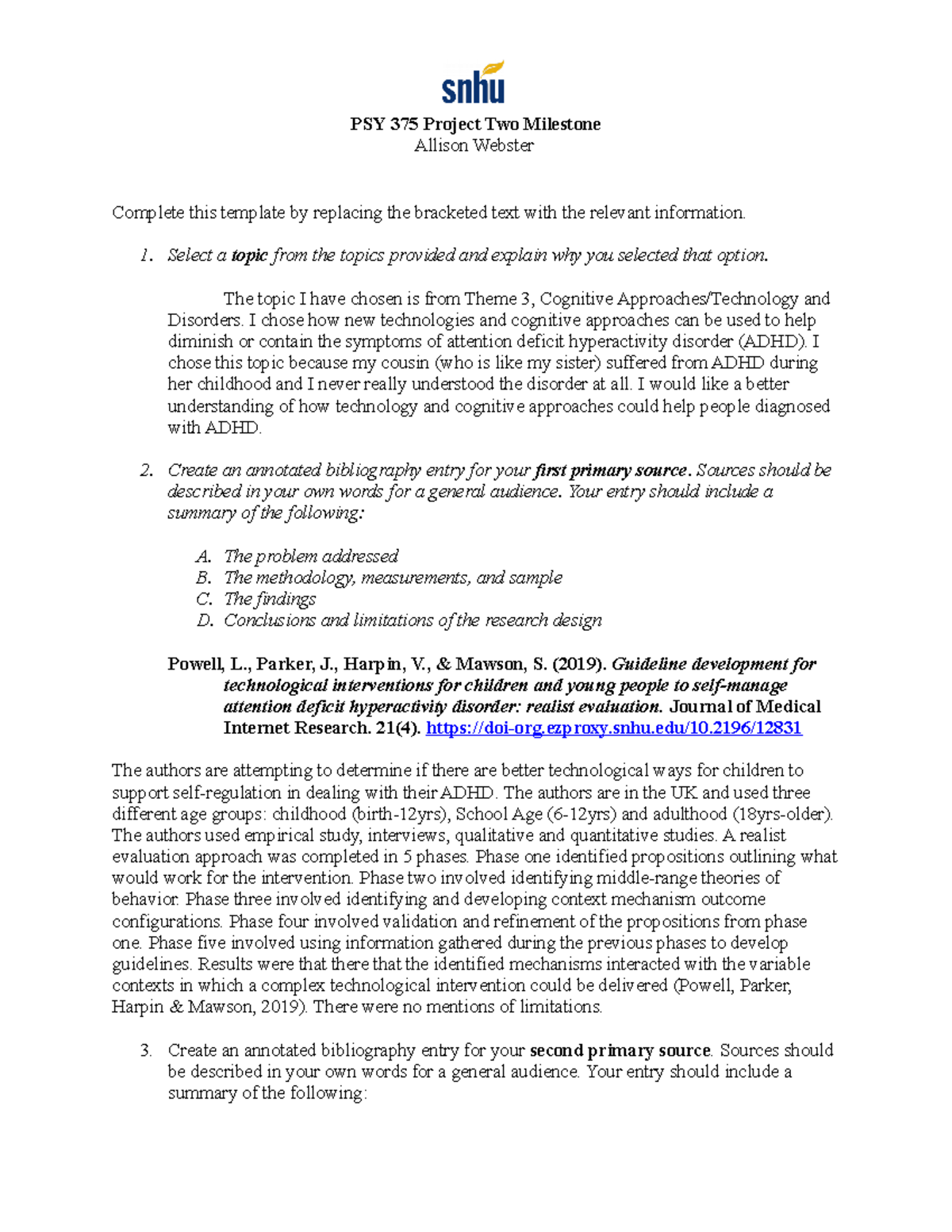 PSY 375 Project Two Milestone: Cognitive Approaches & ADHD Technology ...