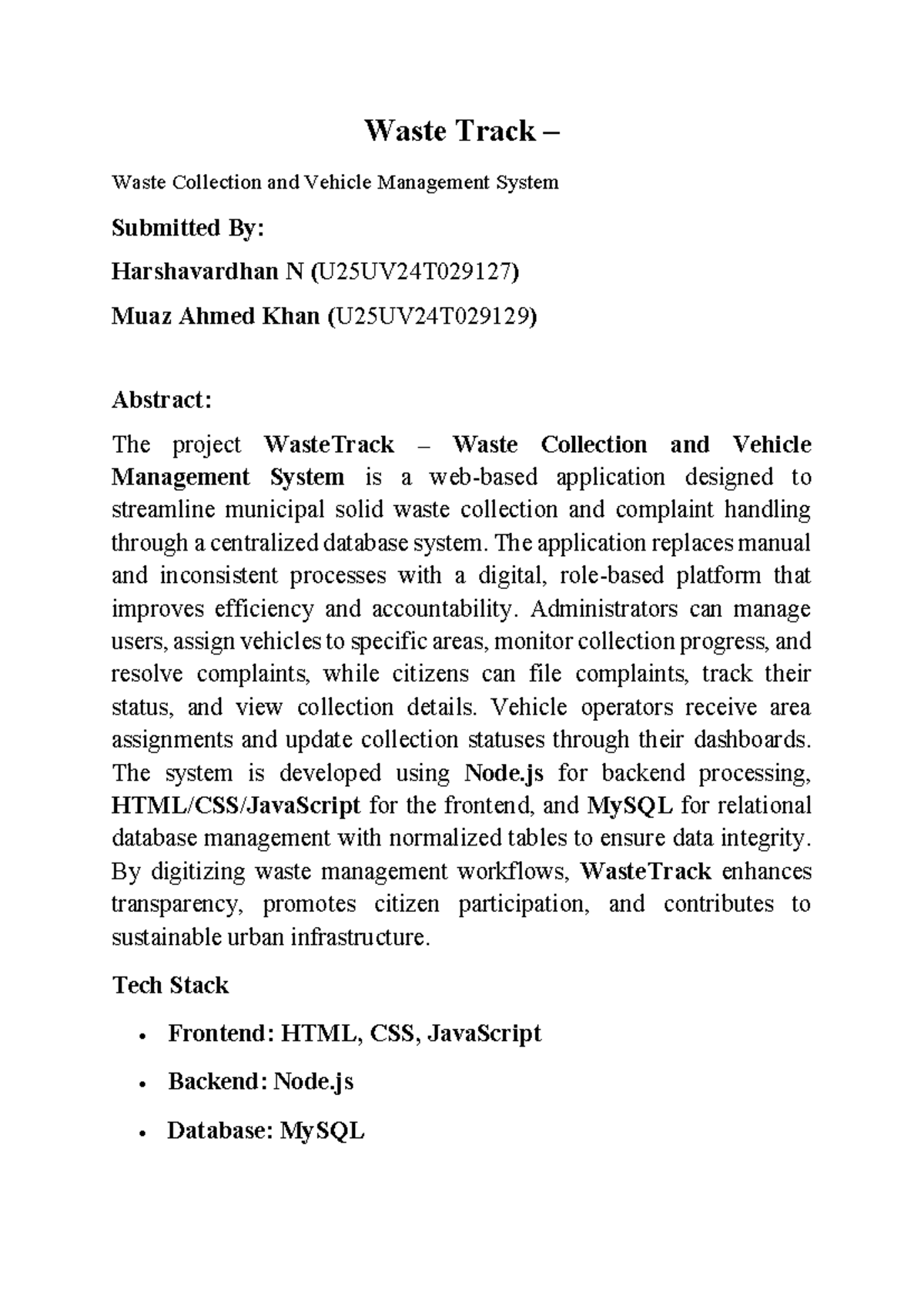 WasteTrack Mini Project Synopsis: Waste Collection & Vehicle Mgmt ...