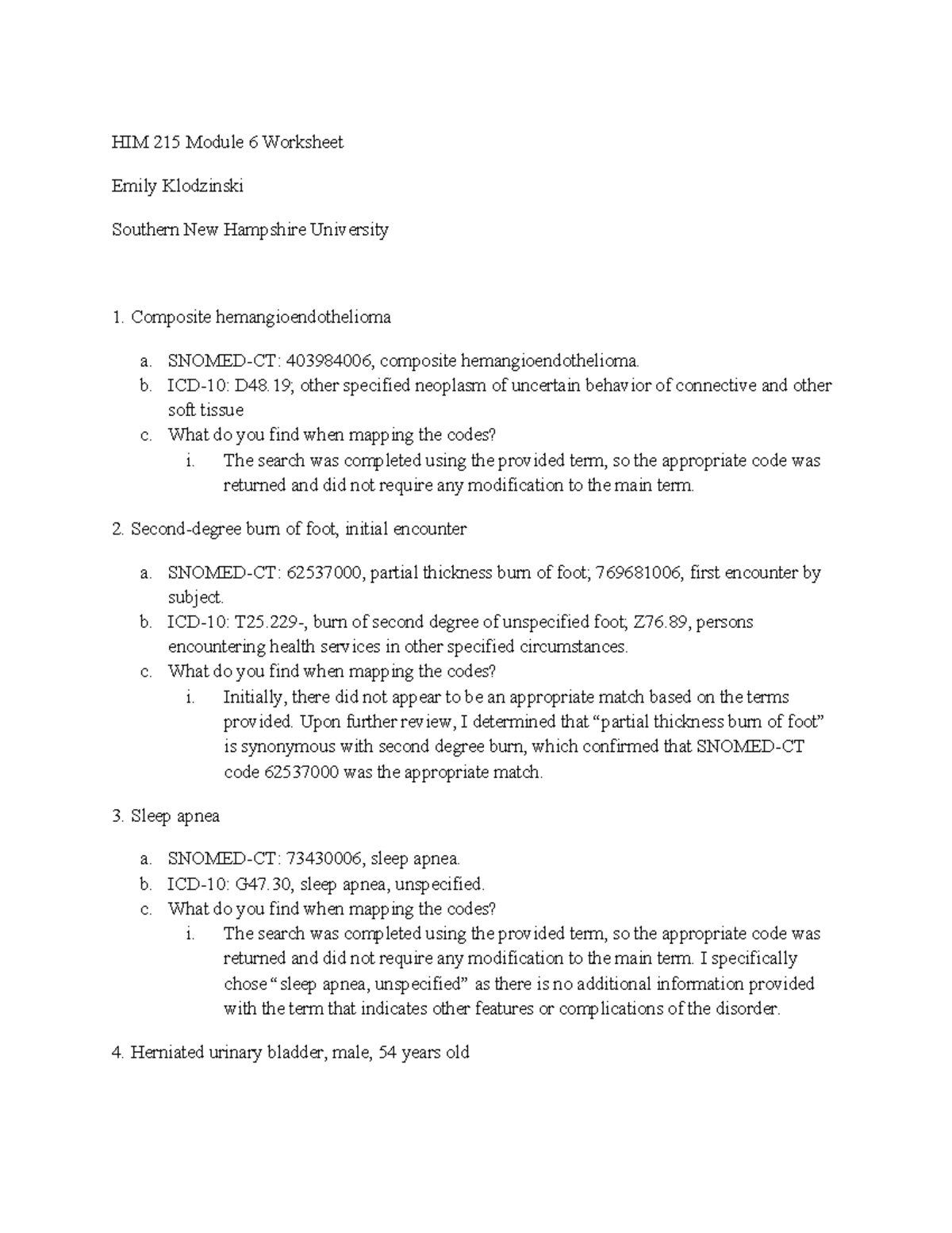 HIM215 Module 6 Code Mapping Worksheet Summary and Analysis - Studocu
